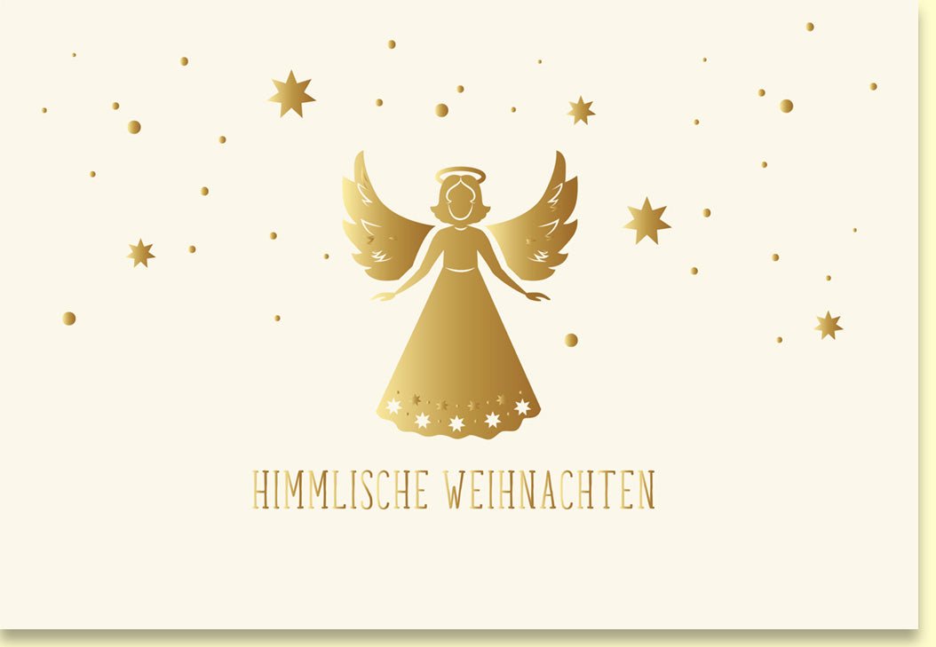 Weihnachtskarte himmlische Engel mit goldenen Sternen und festlichem G ...